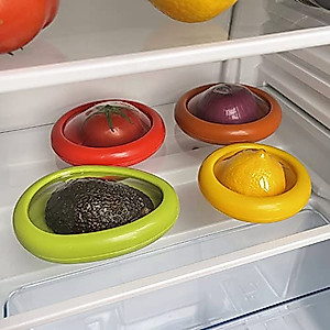 Fruit and Vegetable Shaped Savers Storage Onion Storage Tomato Saver Lemon Keeper and Avocado Saver Containers Set for Fridge Stretch Pod for Vegetable Crisper Makes Food Stays Fresh Longer, Pack of 4