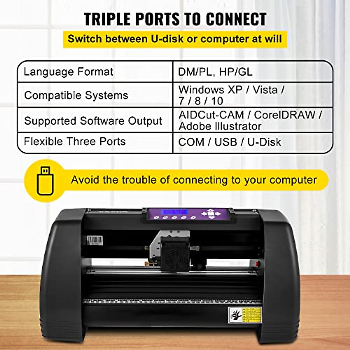 VEVOR Vinyl Cutter, 14 in / 375 mm Vinyl Plotter, Off-line Cutting Machine w/LCD, Desktop Design, Adjustable Force and Speed for Sign Making Plotter Cutter, Available with COM, USB and U-Disk 3 Ports