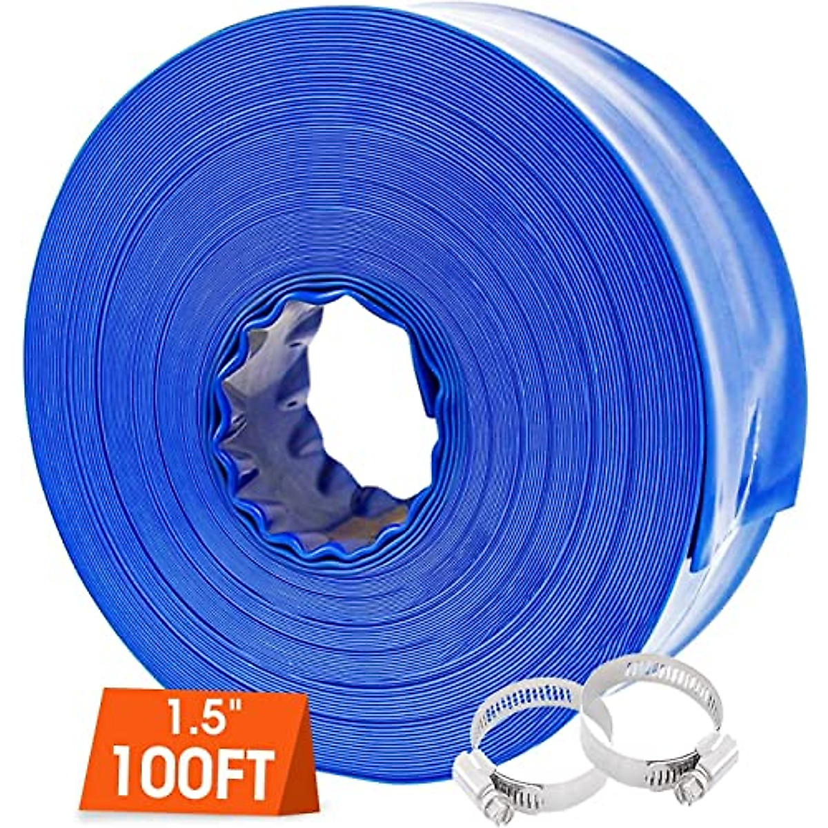 Poolvio 1-1/2" x 100' Professional Blue Backwash Hose with Clamps, General Purpose Reinforced PVC Lay-Flat Water Discharge Hose,for Use While Back-Washing Filters and Draining Pools