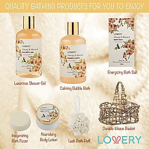 Valentines Day Gifts Womens Gifts, Gift Baskets for Women Who Have Everything, Home Spa Honey & Almond Scent, Luxury Bath & Body Set - Shower Gel, Bubble Bath, Body Lotion, Salts, Bath Bomb, Bath Puff