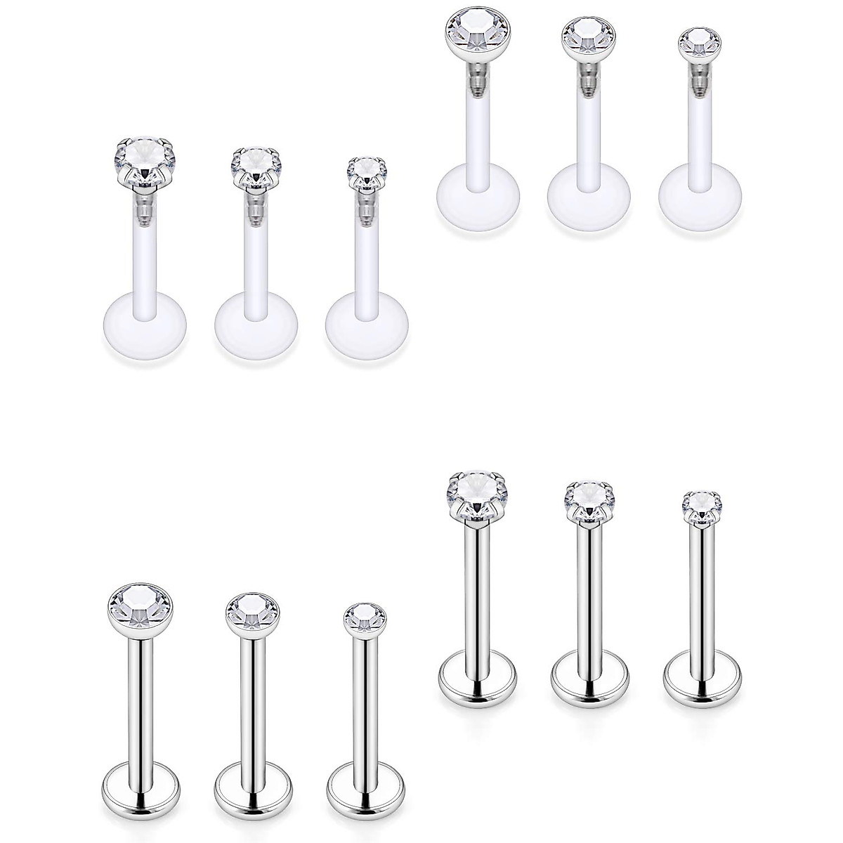 Hoeudjo 12Pcs 16G Forward Helix Earring Surgical Steel Cartilage Conch Tragus Earrings Studs Internal Threaded Clear Diamond CZ Labret Monroe Lip Ring Barbell Piercing Jewelry for Women Men 6MM