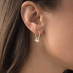 14K Tri-Color Gold Dangling Hearts Hoop Earring