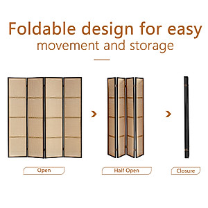 Leesinwing Wood Room Divider, 4 Panels Room Dividers and Folding Privacy Screens, Hand-Woven Rattan Room Divider Wall Freestanding Room Partitions Screen for Home Office Bedroom, Black