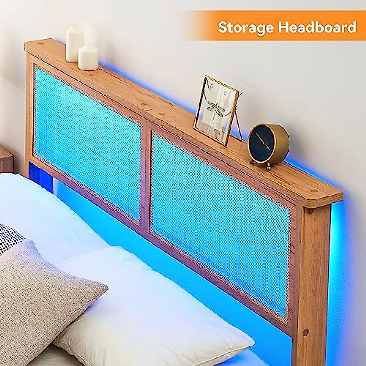 GAOMON Queen Bed Frame with Natural Rattan Headboard, Queen Size Platform Bed Frame with LED Lights & Curved Rattan Headboard & Wooden Support Legs, No Box Spring Needed, Easy Assembly