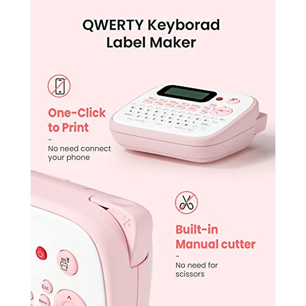 Pink Label Maker Machine-Vixic-D210S Label Makers,QWERTY Keyboard Labeler,Easy Handheld Portable Sticker Printer for Labeling with AC Adapter for Home School Office Organization