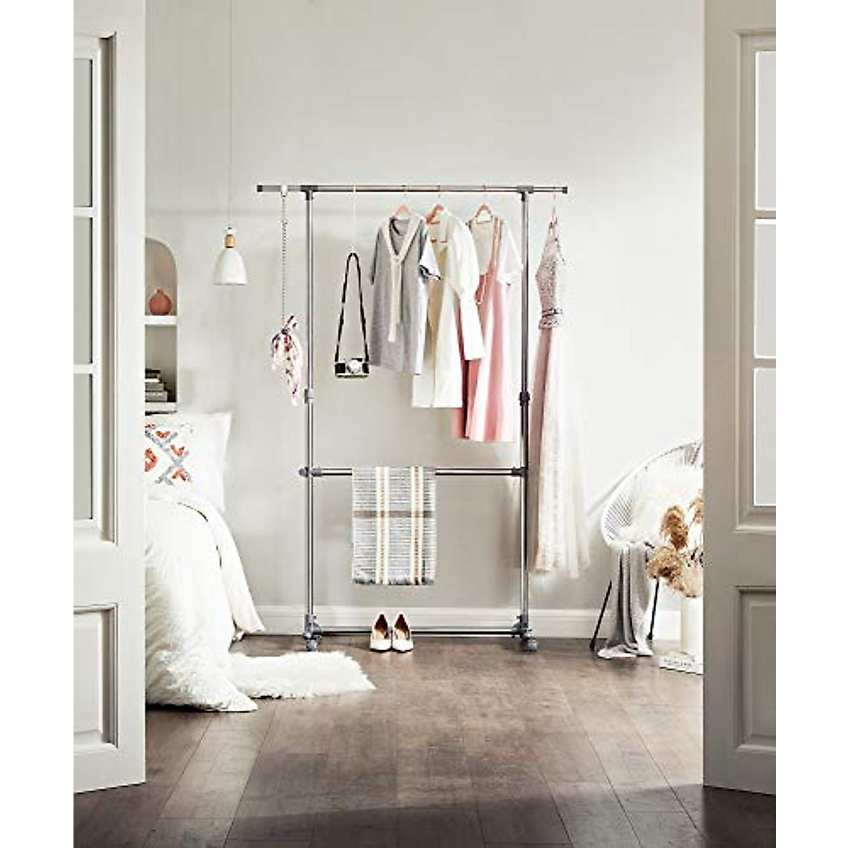 SONGMICS Double Rod Clothes Rack, Adjustable Garment Clothing Rack, Hanging Rail on Wheels, Gray ULLR401