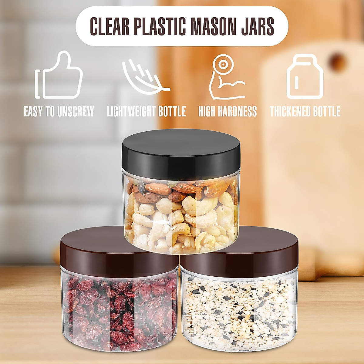 Mifoci 50 Pcs 10 Ounce Clear Plastic Jars Containers Airtight Wide Mouth Food Storage Jar for Kitchen Dry Food Butter Honey Cosmetics Cream, Black and Brown(3.35''l X 2.56''h)
