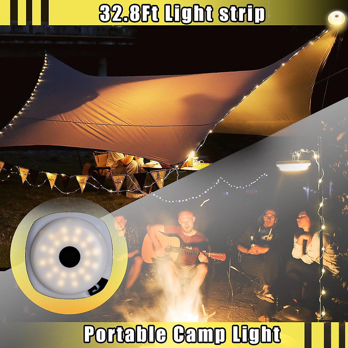 AMESEDAK Camping String Lights, 2 in 1 USB Rechargeable Outdoor String Lights(32.8Ft)