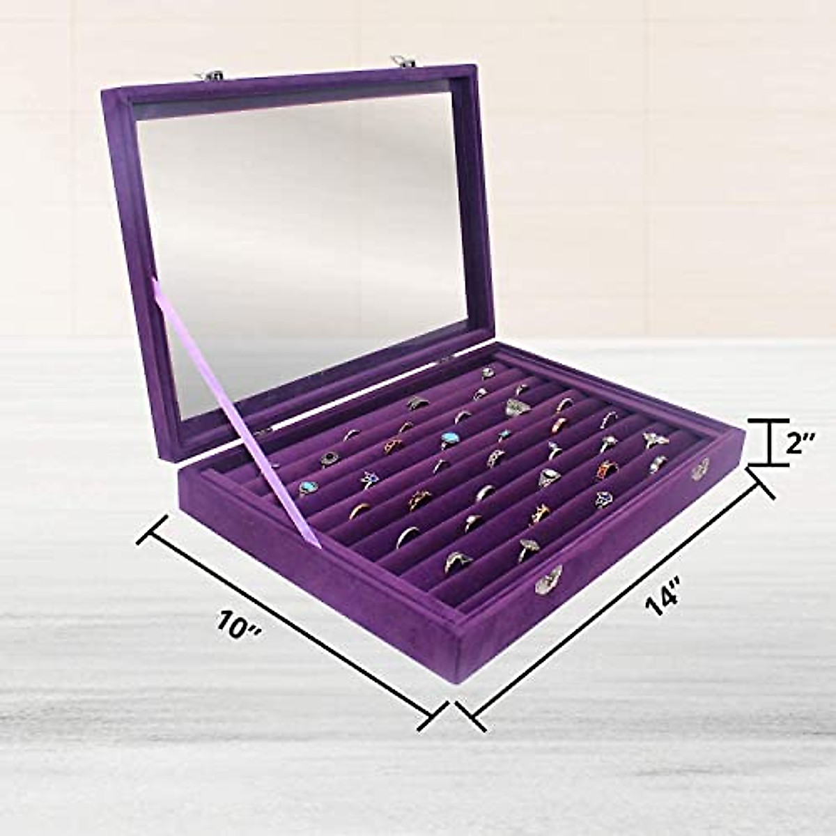 Ring Organizer Display Case ~ 11 Rows Multiple Ring Holder ~ Jewelry Tray Organizer With Studs ~ Ring & Earring Holder Storage Box For Shows With Transparent Lid (Purple)