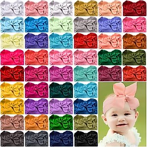 Hoteam 50 Pcs Baby Girls Large Bows Headbands 6.3 Inch Soft Wide Turban Baby Headbands Elastic Nylon Hairbands Hair Accessories for Infants Newborns Infants Toddlers Kids