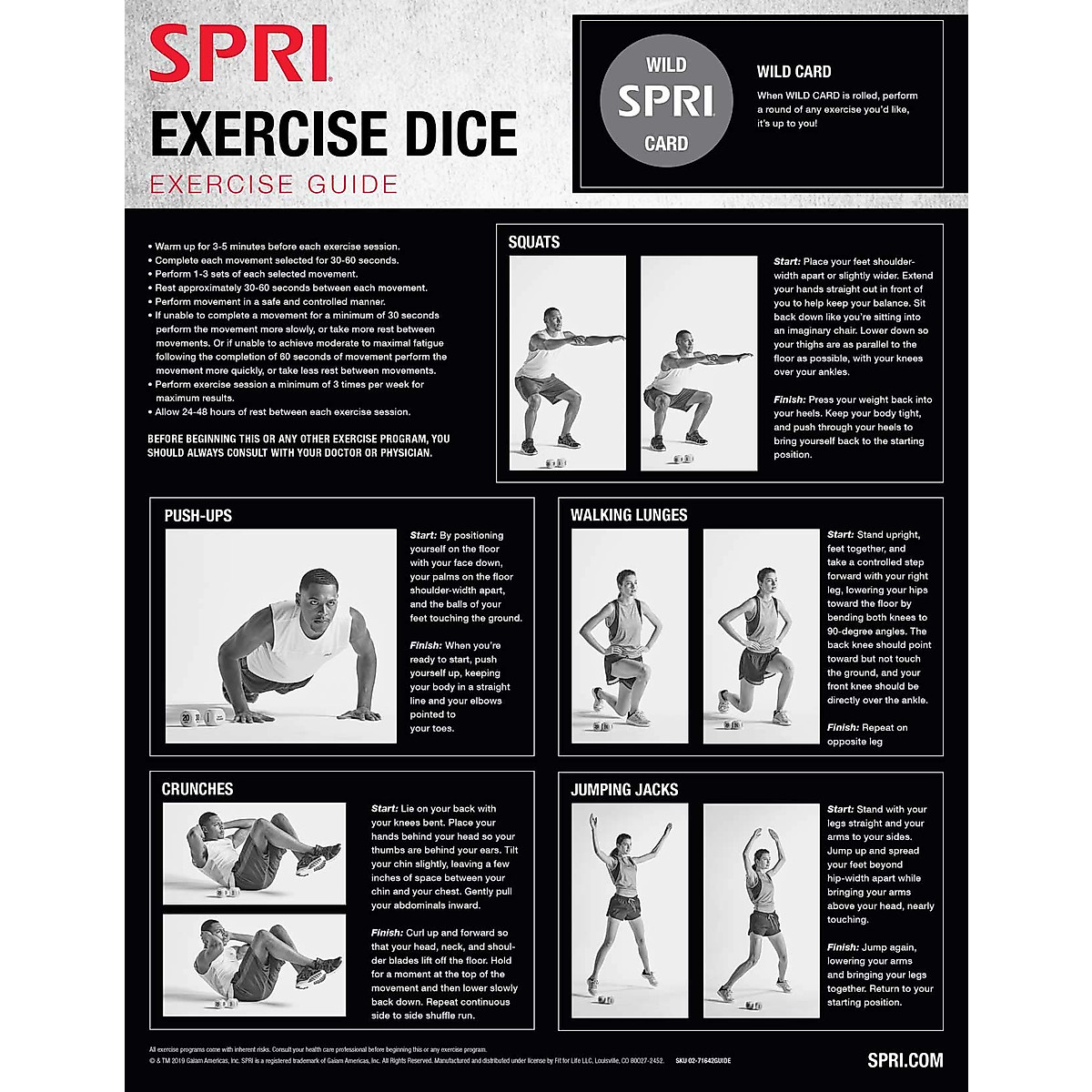 SPRI Exercise Dice (6-Sided) - Game for Group Fitness & Exercise Classes - Includes Push Ups, Squats, Lunges, Jumping Jacks, Crunches & Wildcard ( Carrying Bag)