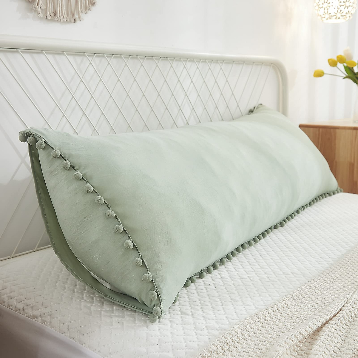 MOVE OVER Sage Green Body Pillow Cover 20x54 Inches Cute Pom Poms Decorated Body Pillow Cover Soft Washed Microfiber Boho Body Pillow Cover with Pocket Closure, Pack of 1