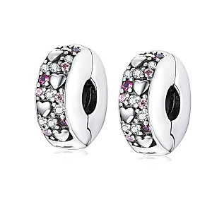 2pc Clip Spacer Charm Bracelets for Women 925 Sterling Silver Blue White Crystal Charm Clip Lock Spacer Stopper Charm Bead for Bracelet (Pink Crystal Love -2pc)