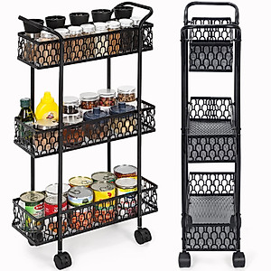 Tuenort Slim Storage Cart, 3 Tier Kitchen Rolling Cart on Wheels, Mobile Metal Pantry Cart Rack for Bathroom Laundry, Rolling Utility Cart for Narrow Places Black