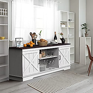 YITAHOME Buffet Cabinet, 59.5“ Farmhouse Sideboard Buffet Storage Cabinet with Barn Door Coffee Bar Cabinet with Capacity 300 lbs for Home Dinning Living Room, Grey White/Espresso, 26“ Height