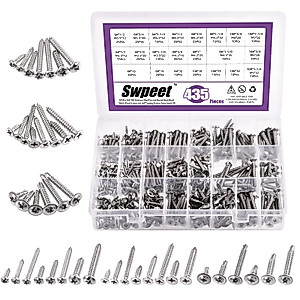 Swpeet 435Pcs 3 Types #6#8#10 SAE 304 Stainless Steel Round Pan Head and Phillips Flat Head Self Tapping Sheet Metal Screws Wood Screws with 410 Stainless Steel Truss Head Fast Self Tapping Screws