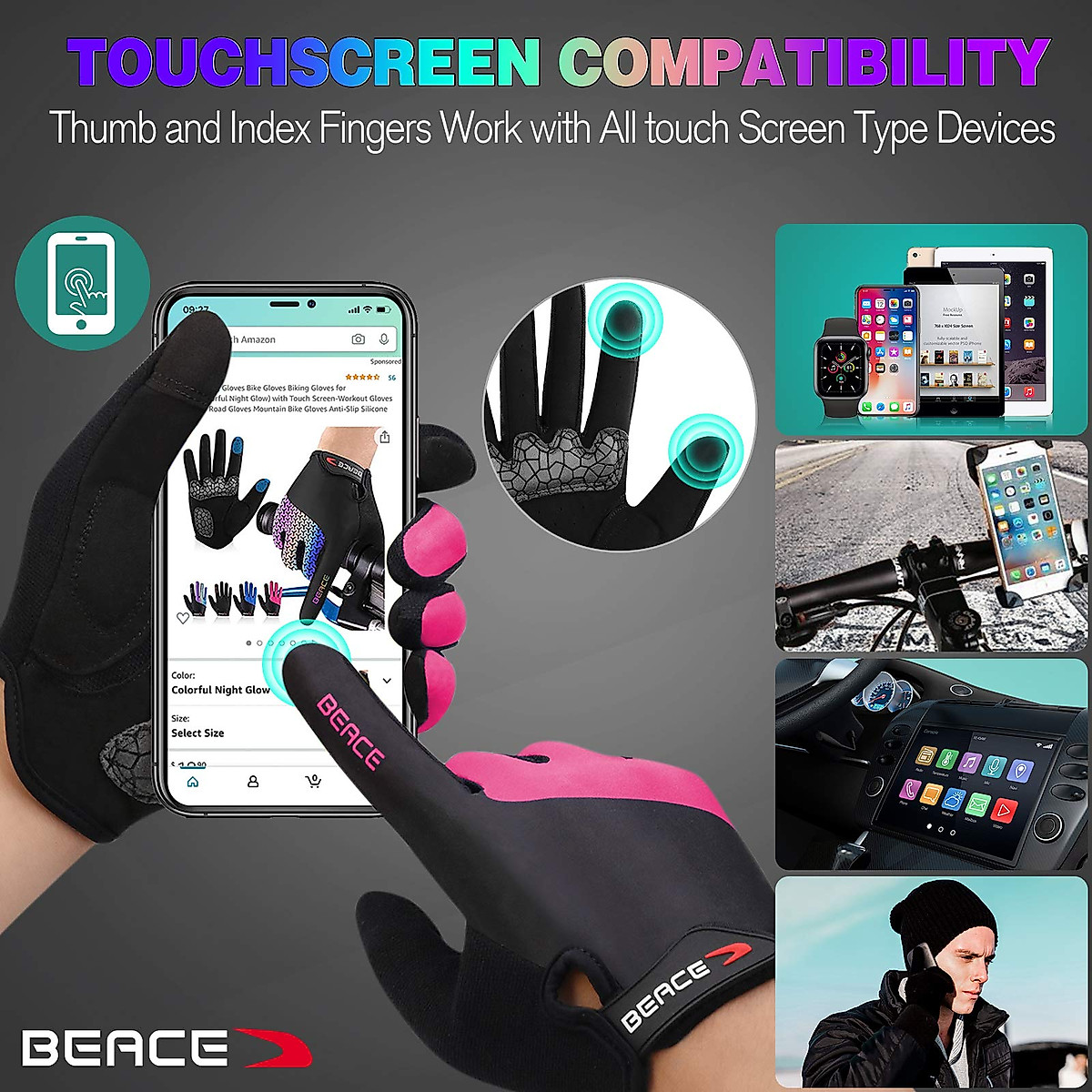 BEACE Cycling Gloves Bike Gloves Biking Gloves(Rose Red) with Touch Screen-Full Finger Road Gloves Mountain Bike Gloves Anti-Slip Silicone Palm for Men Women