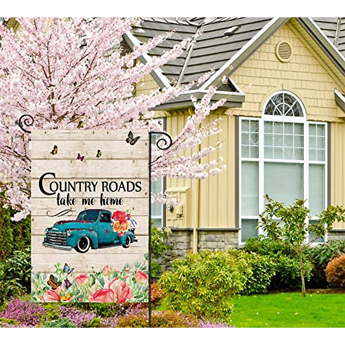 Spring Garden Flag 12x18 Inch Double Sided,Blue Truck with Flowers Country Roads Take Me Home Yard Flag,Small Flag for Farmhouse Outdoor Decor