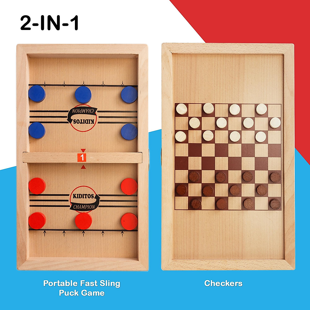 Kiditos 22.4" Fast Sling Puck Wooden Tabletop Hockey Game - 3 Levels, 2-4 Players, Slingshot Game for Family Game Night