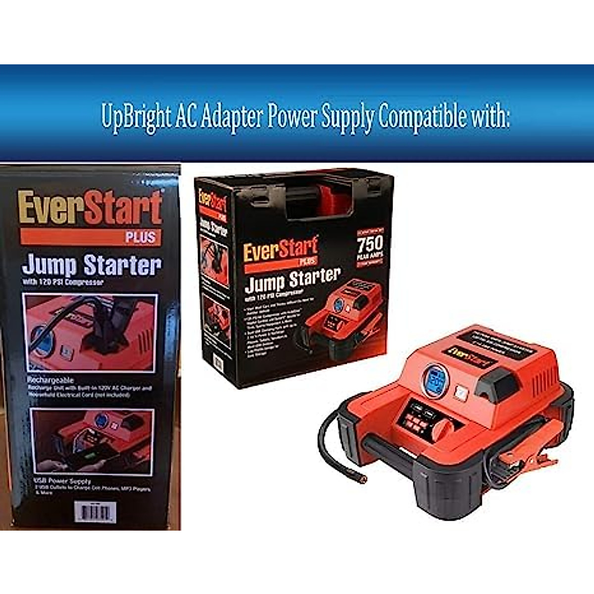 UpBright 2-Prong AC Power Charging Cord Recharge Cable Plug Compatible with EverStart Plus 750 Peak Amps Jump Starter Ever Start 750A JUS750CE 750 Amp 12V 375A Start JumpStarter 120 PSI Air Compressor