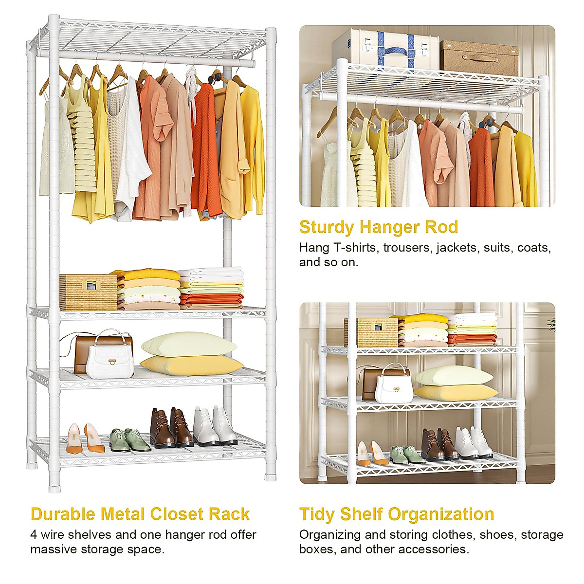 Ulif H2 Heavy-Duty Portable Closets, 4-Tier Freestanding Garment Rack Suit for Small Space and Corner, Closet Organizer System Portable Closet Wardrobe, Max Load 500 LBS, White