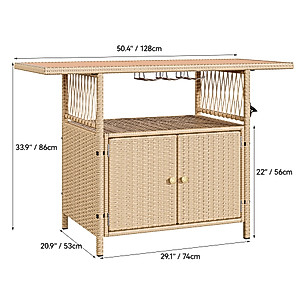 YITAHOME XL Outdoor Storage Cabinet Patio Wicker Bar Table w/Plastic Wood Tabletop, Wine Glass Holders and Built-in Bottle Opener, Light Brown