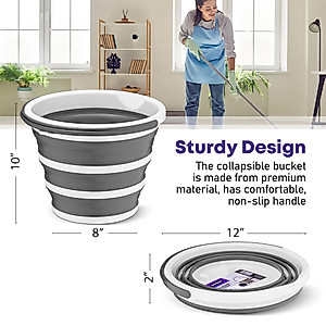 Superio Collapsible Bucket 2 Gallon Bucket with Handle Grey Car Wash Bucket Small Foldable Silicone Pail for Camping, Fishing, Cleaning, Mopping, 10 Liter, 4