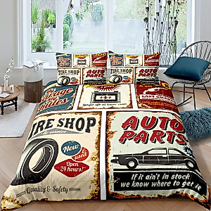 Erosebridal Vintage Car Signs Comforter Cover for Boys, Automobile Pattern Duvet Cover, Repair Vehicle Garage Bedding Set Twin Size for Kids Girls Teens, Classics Servicing Quilt Cover Bedroom Decor