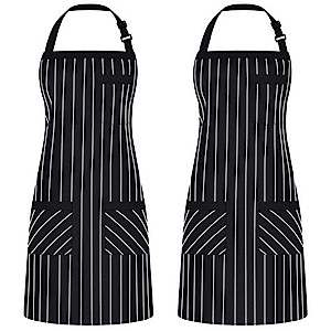 Syntus 2 Pack Adjustable Bib Apron with 3 Pockets Cooking Kitchen Aprons for Women Men Chef, Black/White Pinstripe