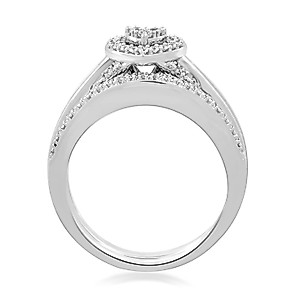 Jewelili Sterling Silver 1/5 Cttw Natural White Round Diamond Heart Bridal Set Engagement Ring, Size 7