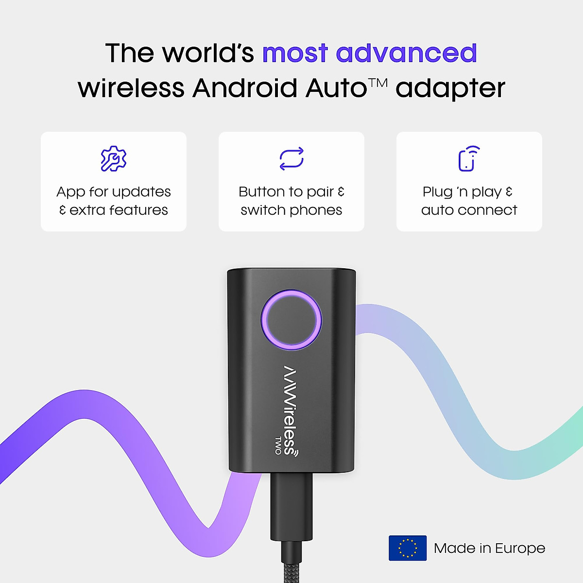 AAWireless Two - Android Auto Wireless Adapter - Convert Factory Wired Android Auto to Wireless - Multifunctional Button - Easy Plug and Play Setup - Seamlessly Connect Via Bluetooth - Made in Europe