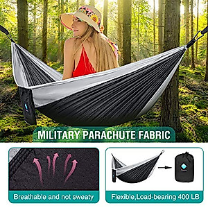 Hammock Camping, Portable Single Hammocks for Outdoor Hiking Travel Backpacking - 210D Nylon Hammock Swing for Backyard & Garden 55''W108''L (Black/Gray)