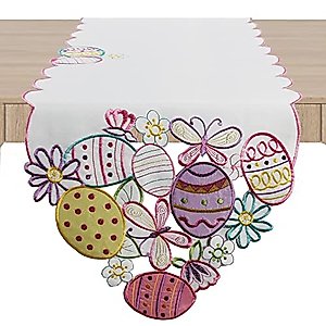 OWENIE Easter Table Runner, Embroidered and Cutwork Colorful Eggs Table Runner for Easter Holiday and Spring Season Table Decor, 13 x 70 Inch Cute Dresser Scarves