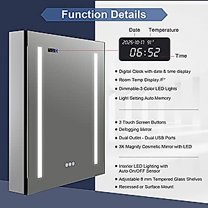 FRALIMK Recessed or Surface LED Medicine Cabinet, Lighted Mirror Cabinet with Lights, 24x30 in Bathroom Wall Cabinet with Defogger, Dimmer, Date/Time & Room Temp Display, 3X Makeup Mirror, Outlets