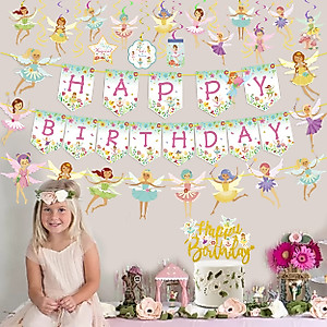 22Pcs Flower Fairy Birthday Decorations Garden Fairy Hanging Swirls Happy Birthday Banner Magical Fairy Cake Topper for Girls Birthday Party Baby Shower Decor