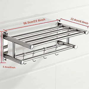 Towel Rails Wall Mounted Hotel Towel Shelf Storage Holder Compatible with 4 Hooks,Bathroom/Kitchen Towel Rack Stainless Steel for for Towels, Bathrobe, Tea Towels Towel Racks to Pursue Happiness