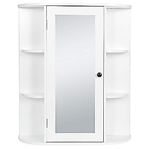 SUPER DEAL Bathroom Cabinet with Single Mirror Door Wall Mount Medicine Cabinet with Inner Adjustable Shelves Wooden Storage Organizer