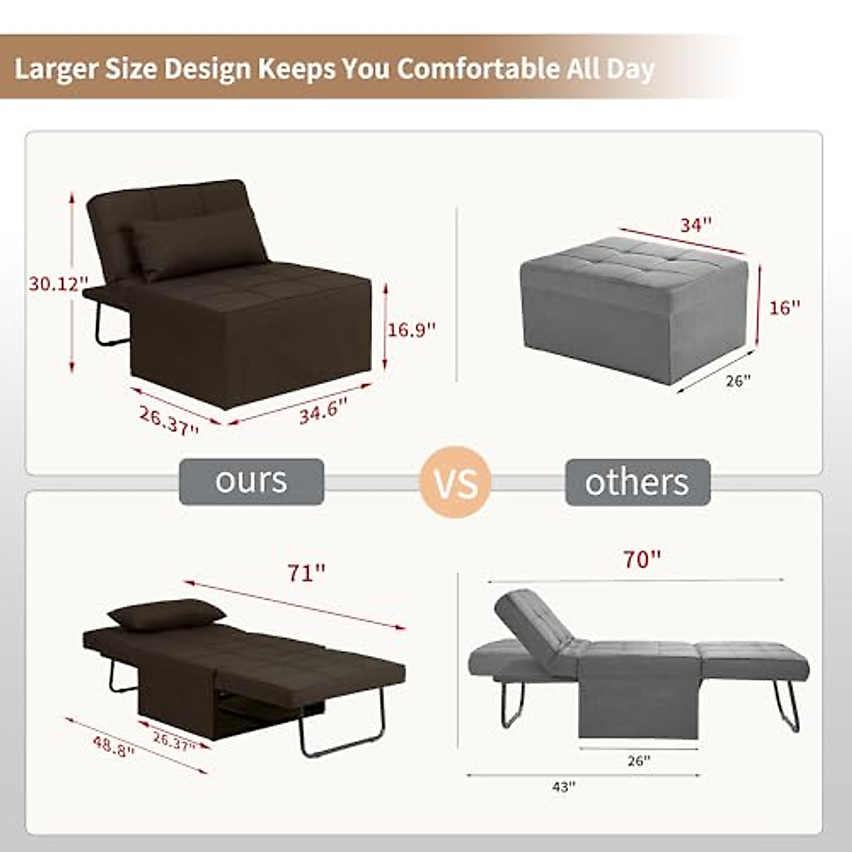 Diophros Sofa Bed, Convertible Couch Chair 4 in 1 Multi-Function Modern Folding Ottoman Guest Sleeper Bed with Adjustable Backrest for Small Room Apartment, Living Room, Large