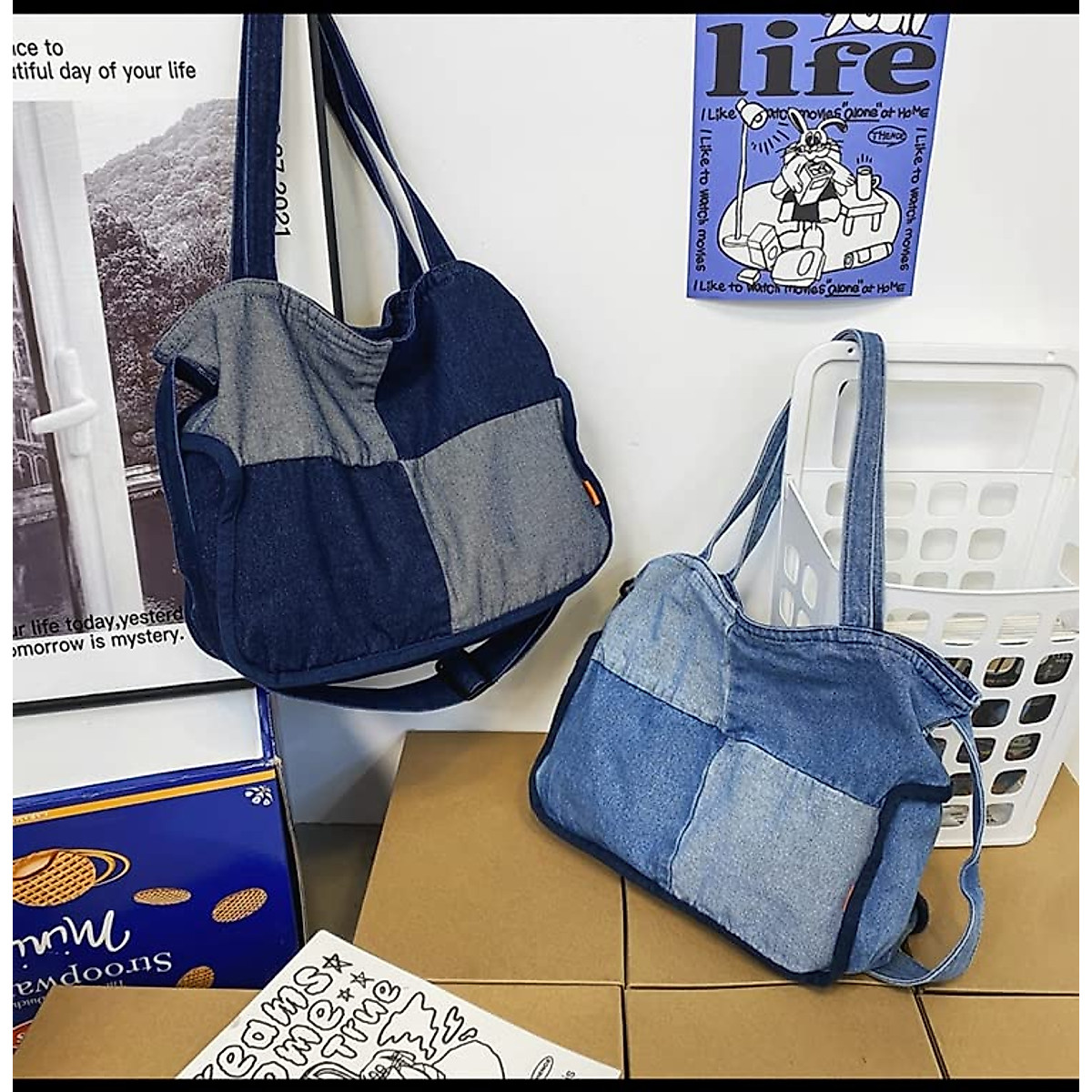 Light Weight Soft Denim Tote Shopper Shoulder Handbag Hobo Tote Bag for Women Crossbody Bag Large Capacity Purse (Dark Green)