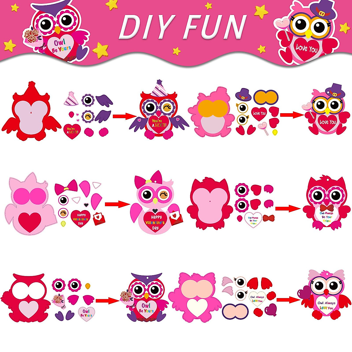 chiazllta 30 PCS Valentine's Day Craft Kits DIY Owl Craft for Kids Valentine's Heart Craft Make Your Own Owl Bulk Set for Home Classroom Game Activities