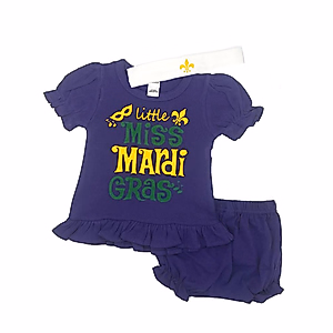 PandoraTees Mardi Gras Baby Girl Outfit - Little Miss Mardi Gras (6-12m, White/Purple)