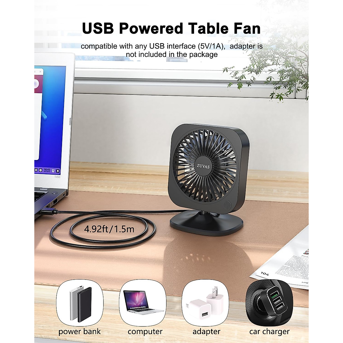 Zuvas Mini Desk Fan Small Powerful Personal Fan Strong Airflow USB Fan 3 Speed Adjustable Table Fan 70° Tilt Electric Portable Fan, for Indoor Outdoor Home Office Car Travel, 4 inch Black
