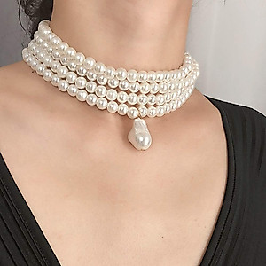Daimay Simulated Pearl Chokers Multi-Layer Pearl Necklace Multi-Strand Pearl Statement Bridal Choker Necklace for Wedding Party Jewelry 20s Flapper Necklace for Party-Round L Size