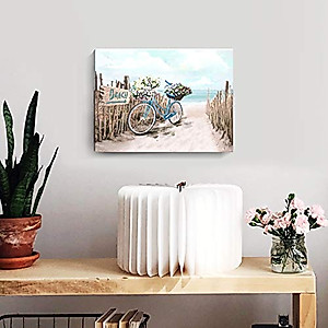 Beach Canvas Wall Art for Bathroom Ocean Pictures Seaside Bicycle Canvas Print Seascape Painting Framed Teal Aqua Blue Calming Shoreside Artwork for Modern Coastal Themed Lake Home Bedroom Décor Ready to Hang 12x16inch