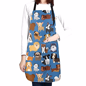 Duduho Cute Dogs Pets Apron with 2 Pockets Cooking Kitchen Bib Aprons for Women Men Unisex Adjustable Waterproof Stain Resistant