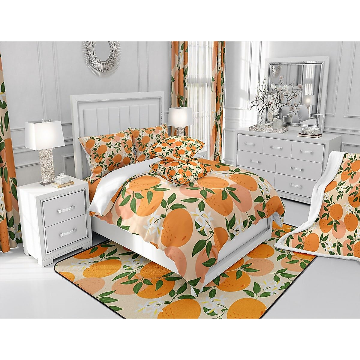 Feelyou Cartoon Orange Duvet Cover Set Fresh Oranges Bedding Set for Kids Boys Girls Cartoon Citrus Fruit Comforter Cover Fruit Style Quilt Cover Bedroom Collection 3Pcs Queen Size