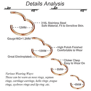 REVOLIA 8Pcs 16G Surgical Steel Nose Rings Hoop Septum Piercings Cartilage Earrings for Women Men Helix Couch Daith Lip Tragus Piercings Hinged Clicker 6-12mm Rose-gold