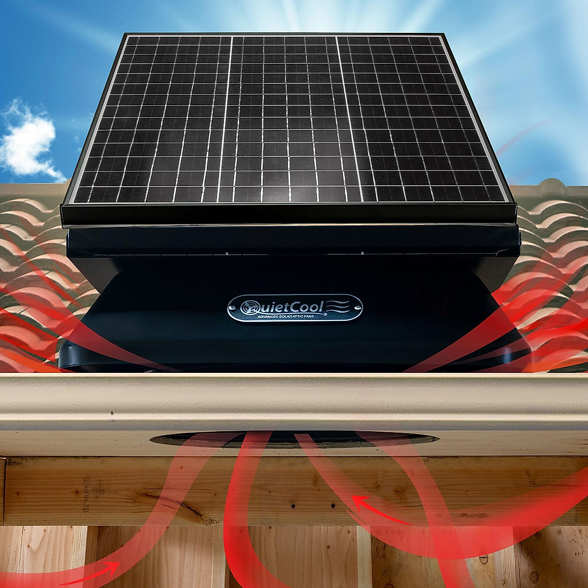 QuietCool AFR SLR-40 Roof Mount Solar Attic Fan - 40 Watt Adjustable Panel - Included AC/DC Inverter for 24/7 Runtime - Thermostat Controlled