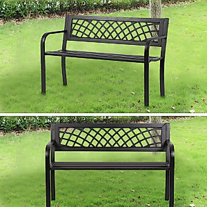 45.5in Outdoor Patio Garden Bench Mesh Pattern Loveseat,Cast Iron Heavy Duty Front Porch Chair w/Steel Frame- Easy Assembly Rust Free for Park Yard Backyard Lawn Pool Decor Deck Furniture- Black
