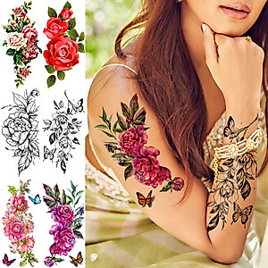 TASROI 18 Sheets Sexy Flower Rose Temporary Tattoos For Women Girls Adults, Women Body Art Fake Arm Tattoo Stickers, Waterproof Moon Butterfly Black Floral Tattoo Temporary Orchid Dahlia Neck Tatoos